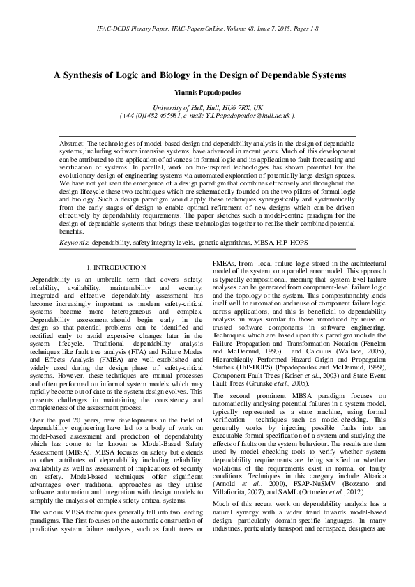 (PDF) A Synthesis of Logic and Biology in the Design of Dependable Systems