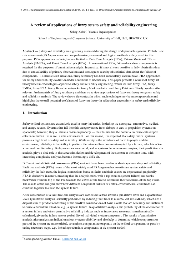 (PDF) A review of applications of fuzzy sets to safety and reliability engineering