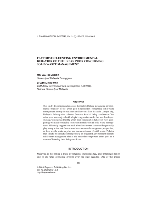 (PDF) Factors Influencing Environmental Behavior of the Urban Poor ...