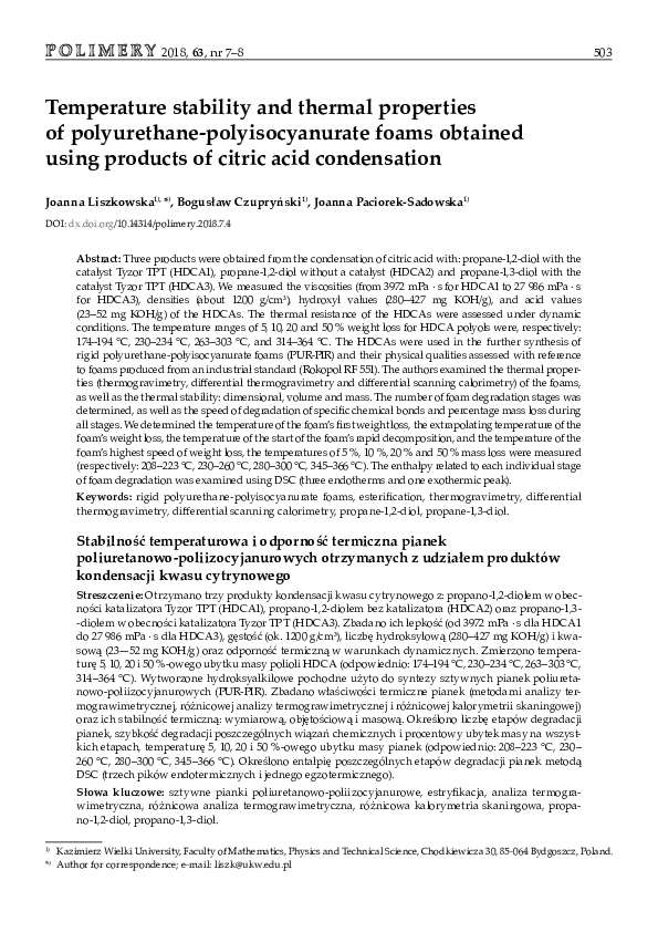(PDF) Temperature stability and thermal properties of polyurethane ...