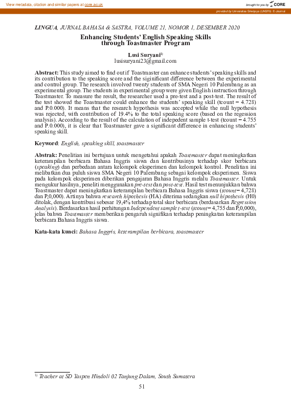 (PDF) Enhancing Students’ English Speaking Skills through Toastmaster Program