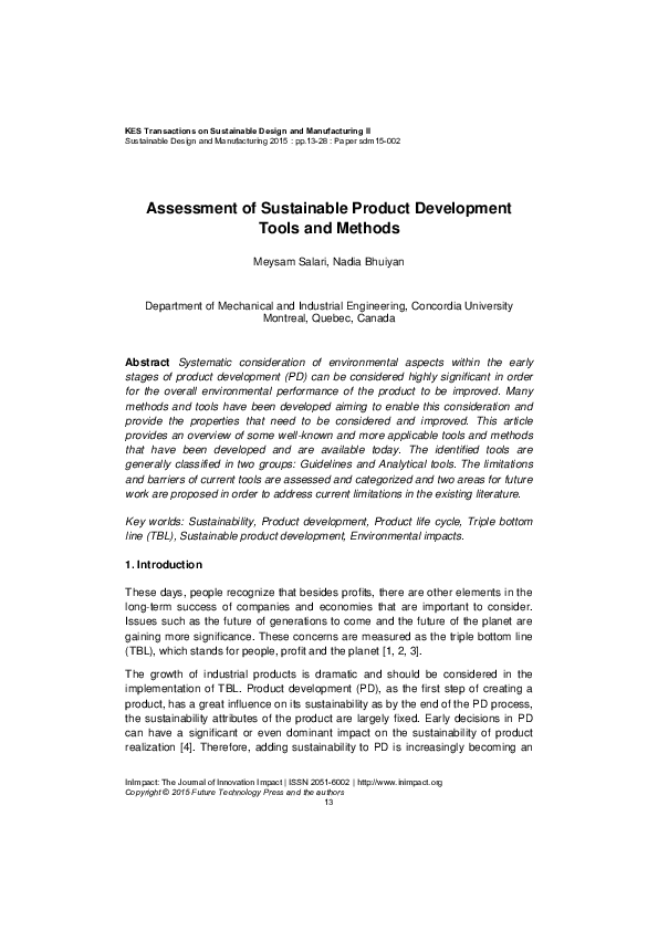 (PDF) Assessment of Sustainable Product Development Tools and Methods