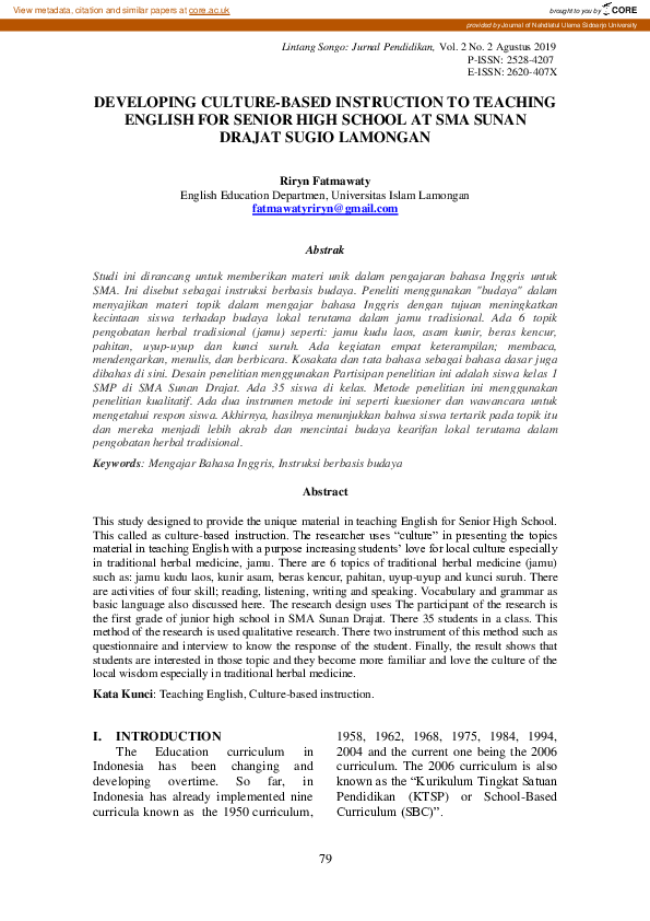 (PDF) Developing Culture-Based Instruction to Teaching English for Senior High School at Sma ...