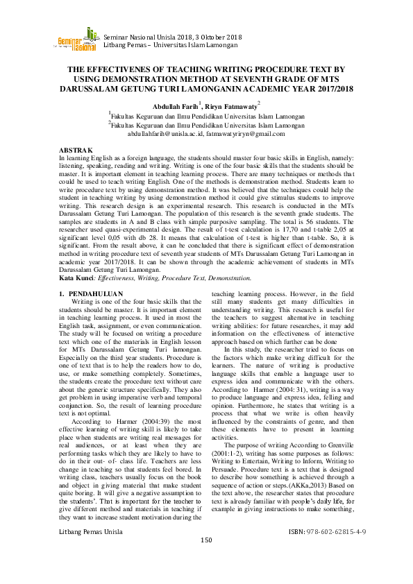 (PDF) The Effectivenes of Teaching Writing Procedure Text by Using Demonstration Method at ...