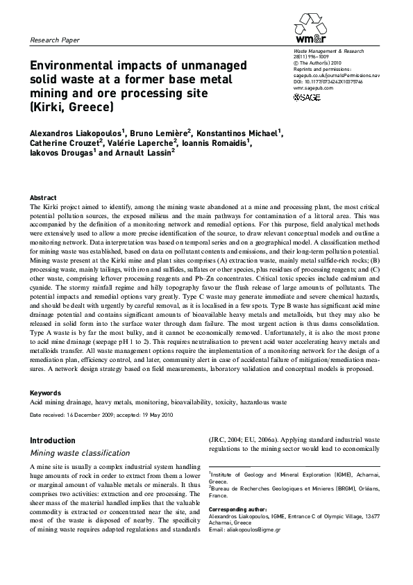 (PDF) Environmental impacts of unmanaged solid waste at a former base metal mining and ore ...