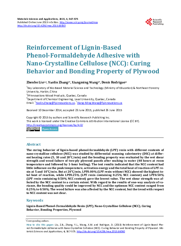 (PDF) Reinforcement of Lignin-Based Phenol-Formaldehyde Adhesive with ...