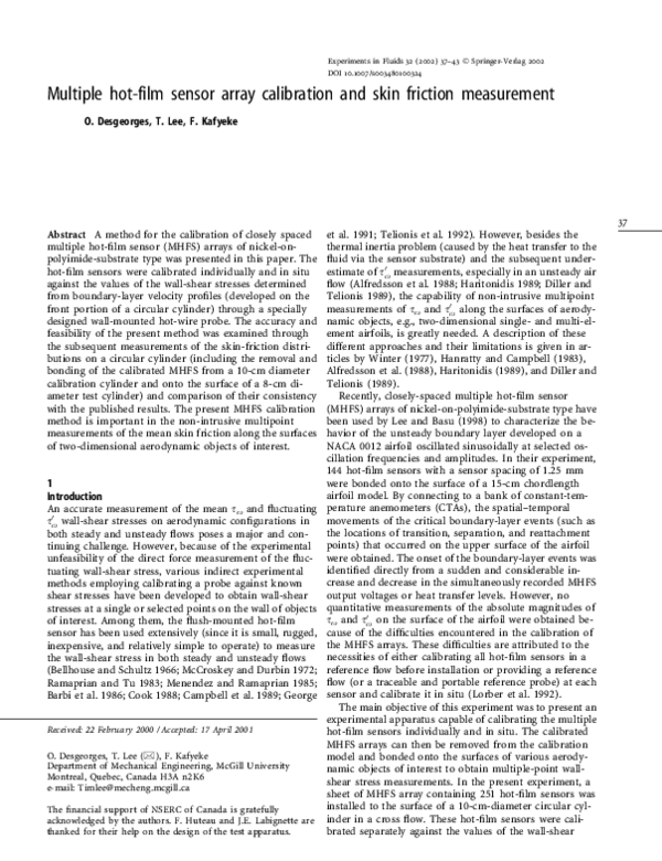Pdf Multiple Hot Film Sensor Array Calibration And Skin Friction Measurement