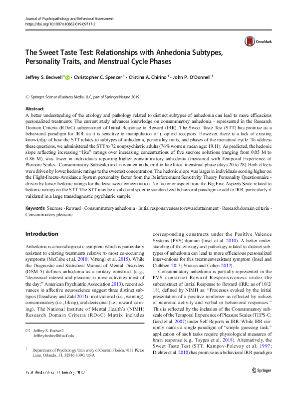 (PDF) The Sweet Taste Test: Relationships with Anhedonia Subtypes ...