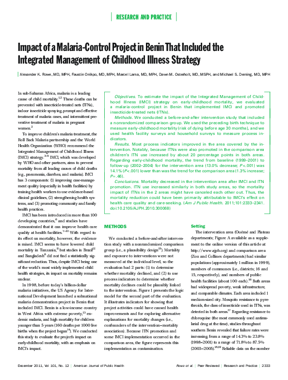 (PDF) Impact of a Malaria-Control Project in Benin That Included the ...