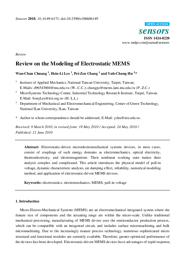 Pdf Review On The Modeling Of Electrostatic Mems Wan Chun Chuang
