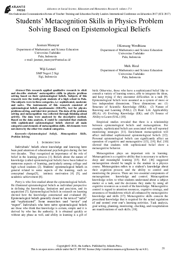 (PDF) Students' Metacognition Skills in Physics Problem Solving Based on Epistemological Beliefs