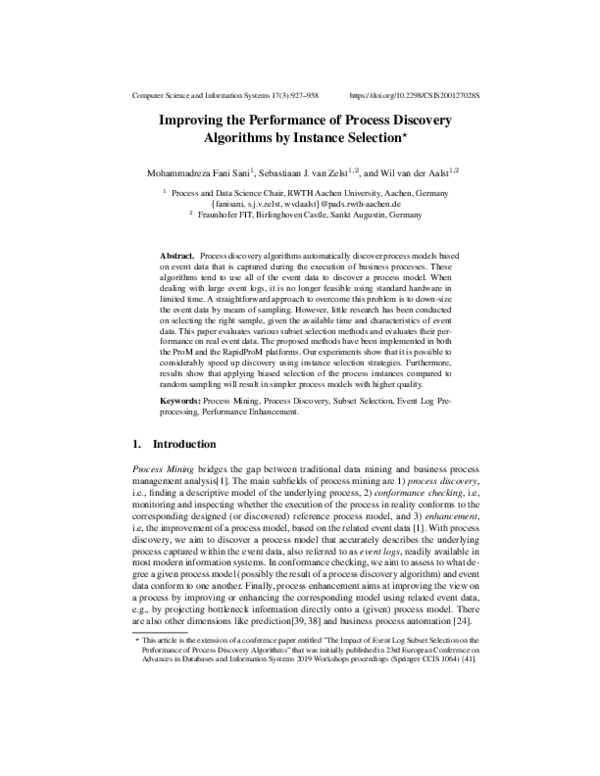 Pdf Improving The Performance Of Process Discovery Algorithms By Instance Selection