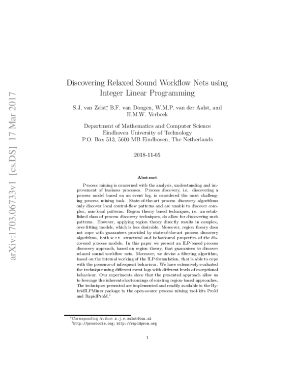 (PDF) Discovering Relaxed Sound Workflow Nets using Integer Linear Programming
