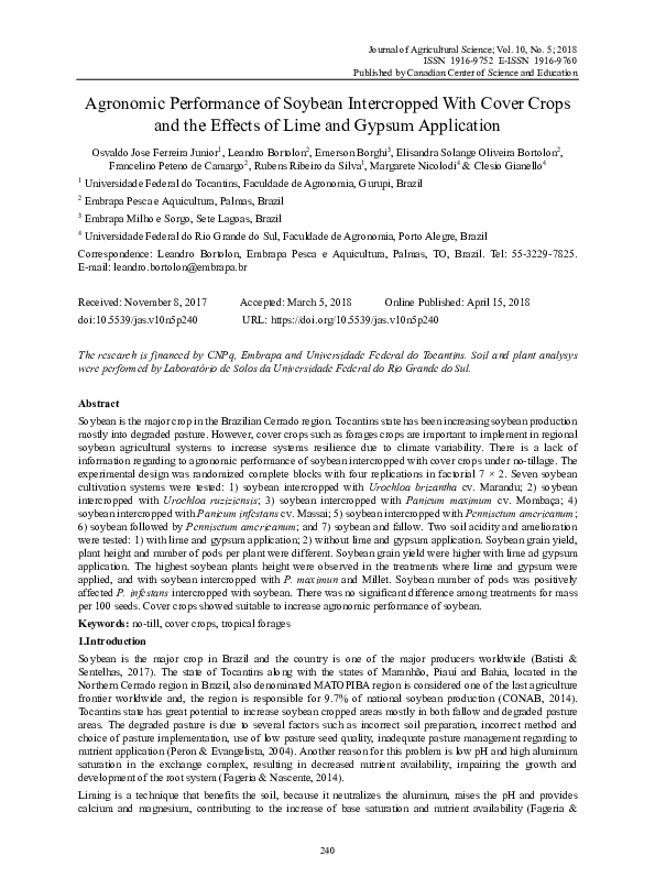 (PDF) Agronomic Performance of Soybean Intercropped With Cover Crops and the Effects of Lime and ...