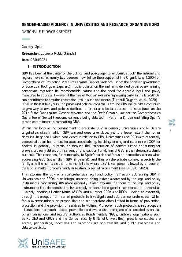 UniSAFE National researcher report - Spain