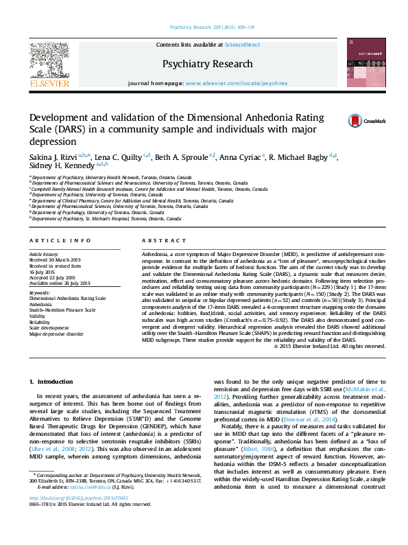 (PDF) Development and validation of the Dimensional Anhedonia Rating Scale (DARS) in a community ...