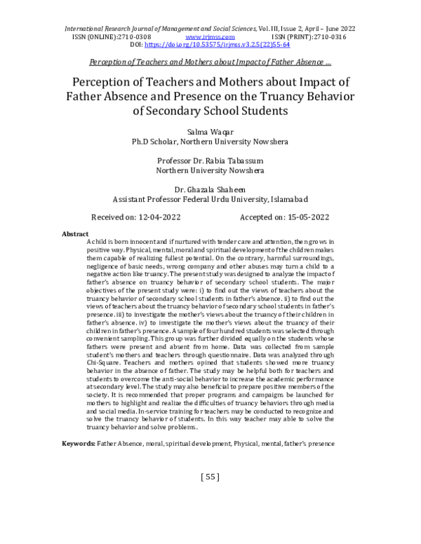 (PDF) Perception of Teachers and Mothers about Impact of Father Absence ...