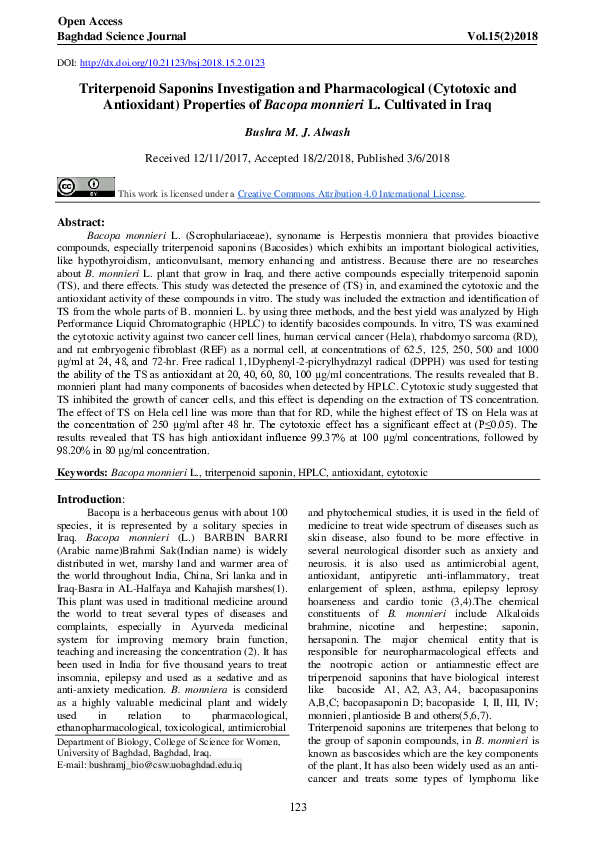 (PDF) Triterpenoid Saponins Investigation and Pharmacological (Cytotoxic and Antioxidant ...
