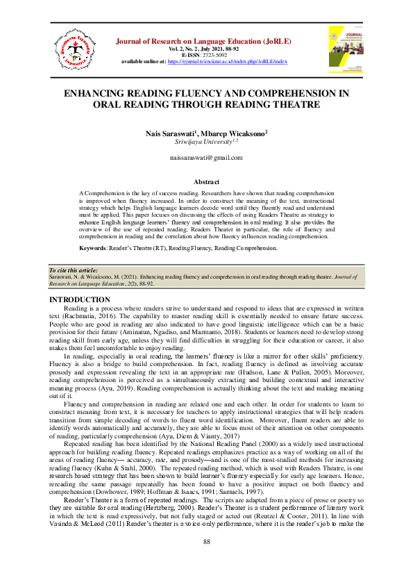 (PDF) Enhancing Reading Fluency and Comprehension in Oral Reading Through Reading Theatre