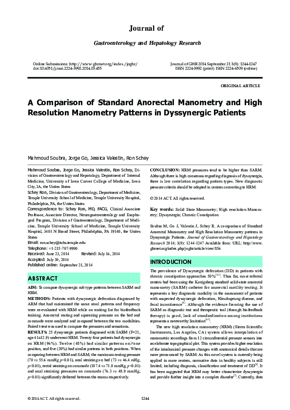 (PDF) A Comparison of Standard Anorectal Manometry and High Resolution ...