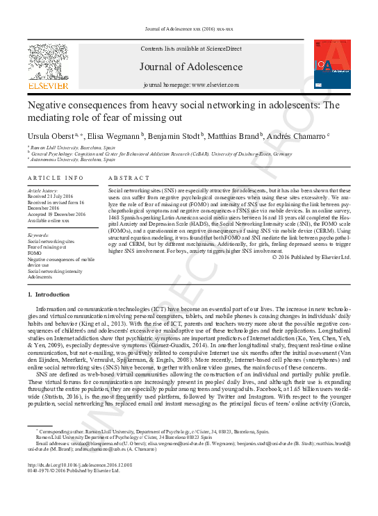 (PDF) Negative consequences from heavy social networking in adolescents: The mediating role of ...