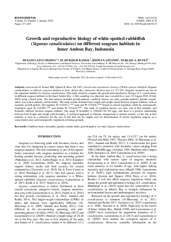 (PDF) Growth and reproductive biology of white-spotted rabbitfish ...