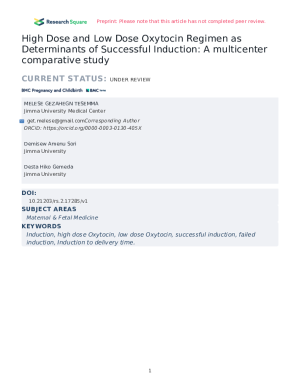 (PDF) High Dose and Low Dose Oxytocin Regimen as Determinants of ...