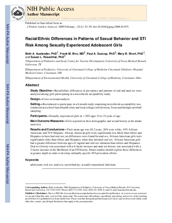 (PDF) Racial/Ethnic Differences in Patterns of Sexual Behavior and STI Risk among Sexually ...