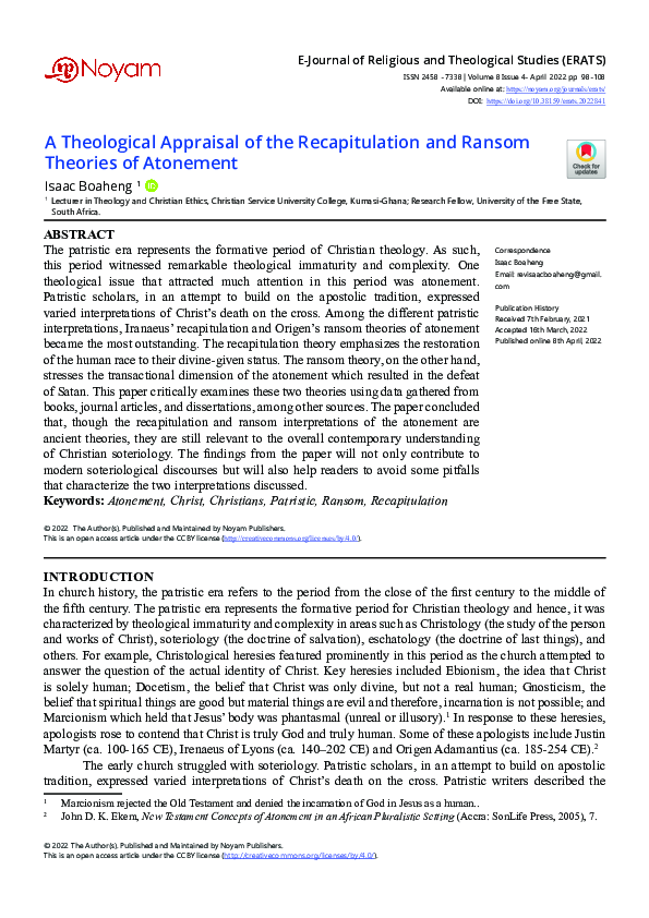 (PDF) A Theological Appraisal of the Recapitulation and Ransom Theories ...