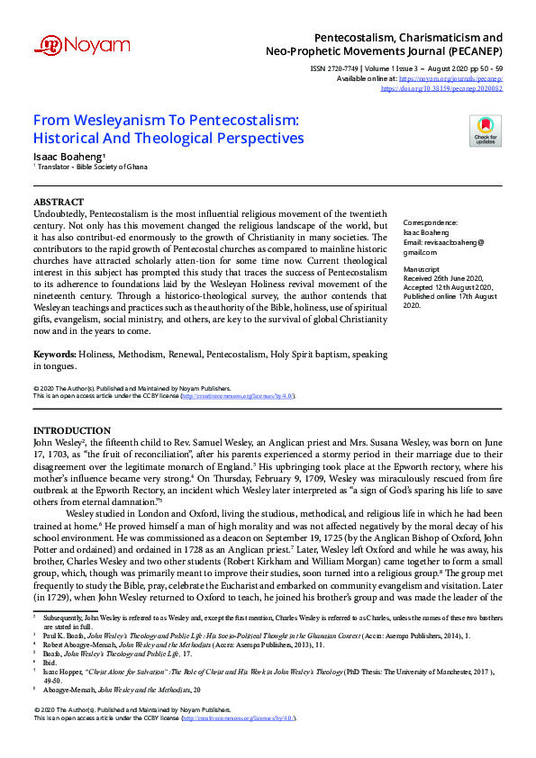 (PDF) From Wesleyanism To Pentecostalism: Historical And Theological ...