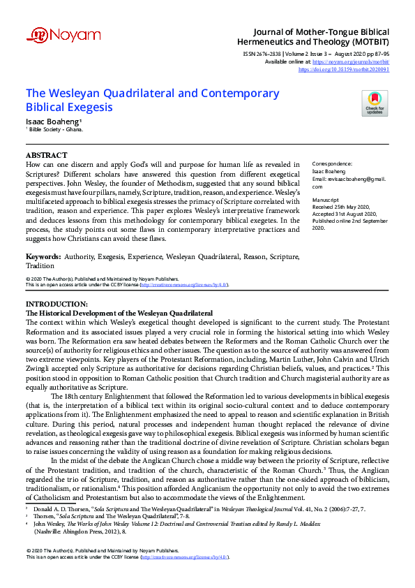 (PDF) The Wesleyan Quadrilateral and Contemporary Biblical Exegesis