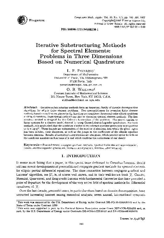Pdf Iterative Substructuring Methods For Spectral Elements Problems In Three Dimensions Based 