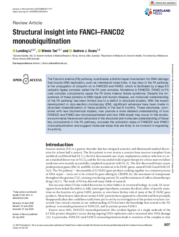 (PDF) Structural insight into FANCI–FANCD2 monoubiquitination | Landing ...