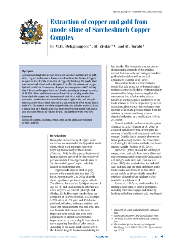 (PDF) Extraction of copper and gold from anode slime of Sarcheshmeh ...