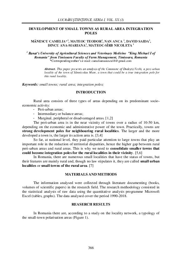 (PDF) Development of Small Towns as Integrating Poles for Rural Areas