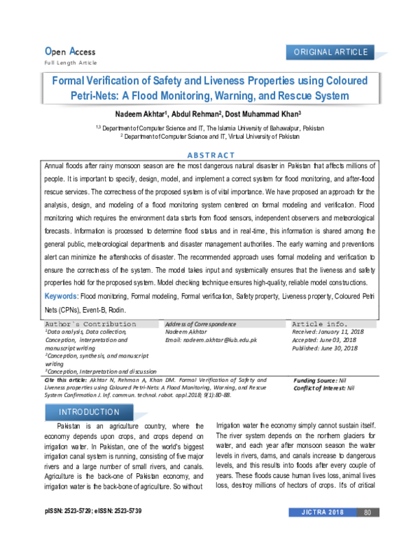 (PDF) Formal Verification of Safety and Liveness Properties using Coloured Petri-Nets: A Flood ...