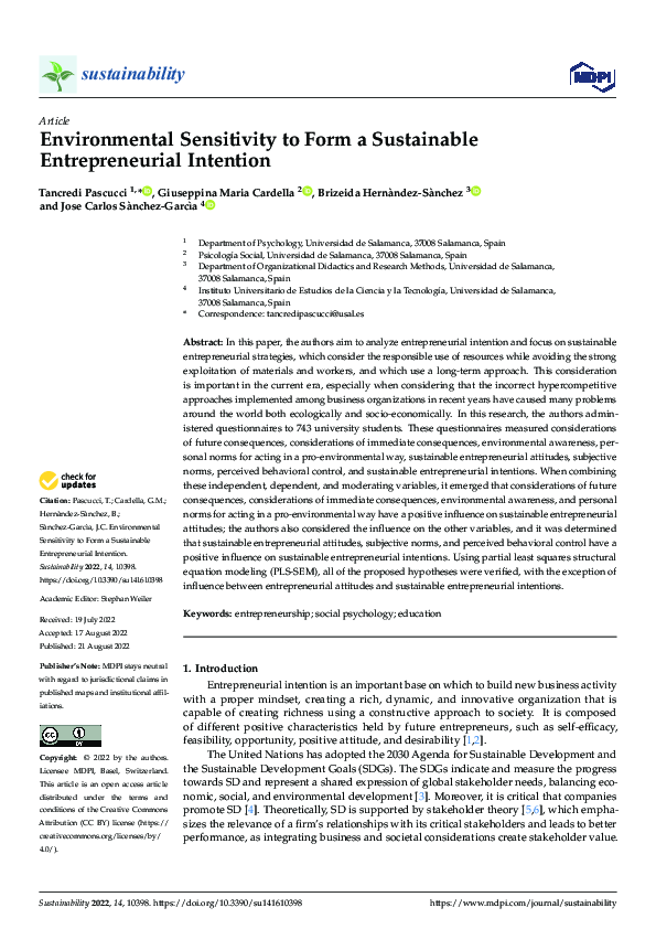 (PDF) Environmental Sensitivity to Form a Sustainable Entrepreneurial ...