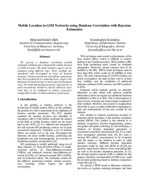 (PDF) Mobile Location in GSM Networks using Database Correlation with Bayesian Estimation