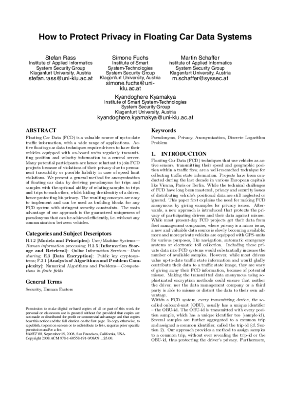 Pdf How To Protect Privacy In Floating Car Data Systems