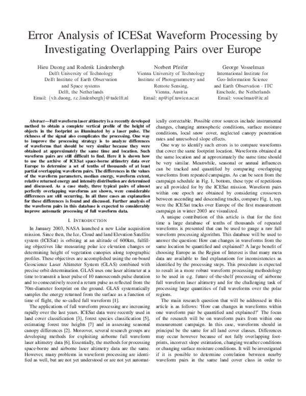 (PDF) Error analysis of ICESat waveform processing by investigating overlapping pairs over Europe