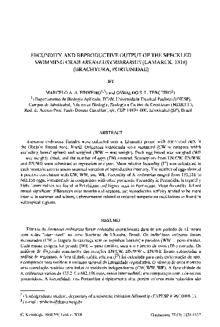(PDF) Fecundity and Reproductive Output of the Speckled Swimming Crab ...