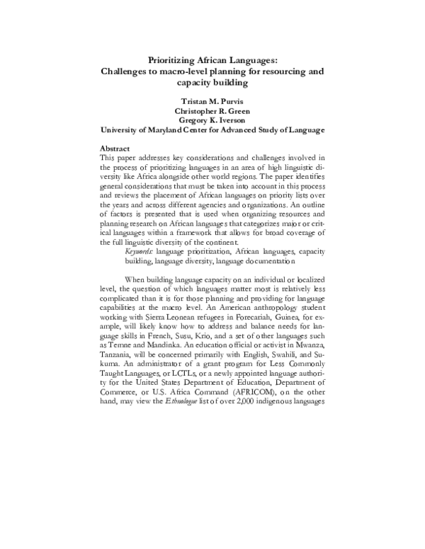 (PDF) Prioritizing African Languages: Challenges to macro-level ...