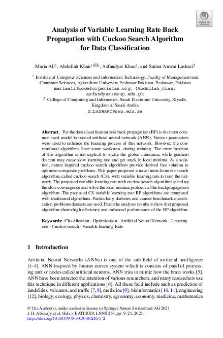 (PDF) Analysis of Variable Learning Rate Back Propagation with Cuckoo Search Algorithm for Data ...