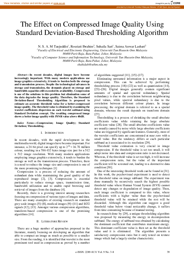 (PDF) The Effect on Compressed Image Quality using Standard Deviation-Based Thresholding Algorithm