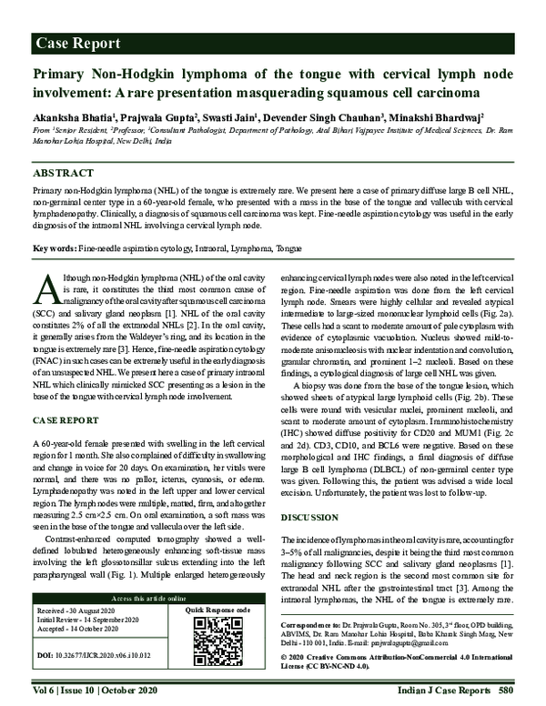 (PDF) Primary Non-Hodgkin lymphoma of the tongue with cervical lymph ...
