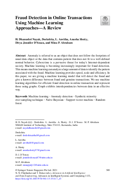 Pdf Fraud Detection In Online Transactions Using Machine Learning Approaches—a Review