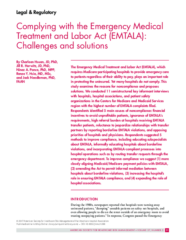 (PDF) Complying with the Emergency Medical Treatment and Labor Act ...