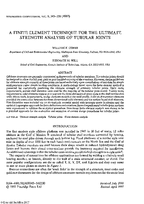 Pdf A Finite Element Technique For The Ultimate Strength Analysis Of Tubular Joints