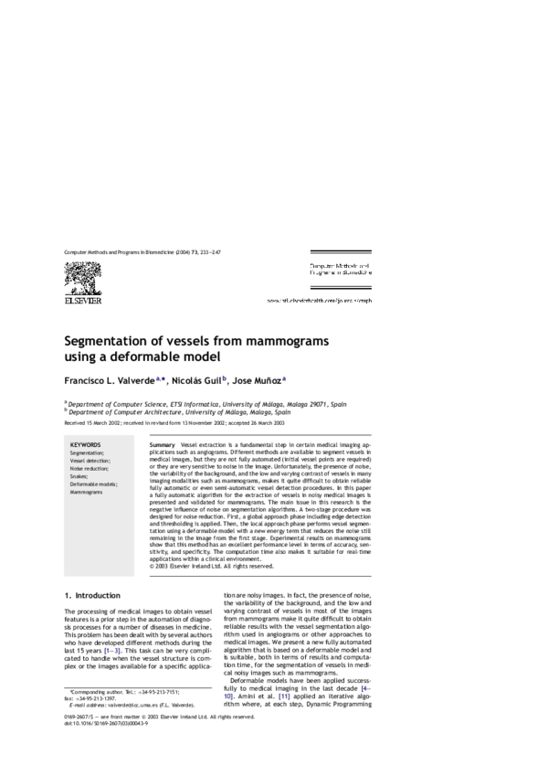 Pdf Segmentation Of Vessels From Mammograms Using A Deformable Model