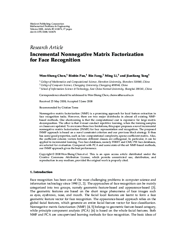 (PDF) Incremental Nonnegative Matrix Factorization for Face Recognition
